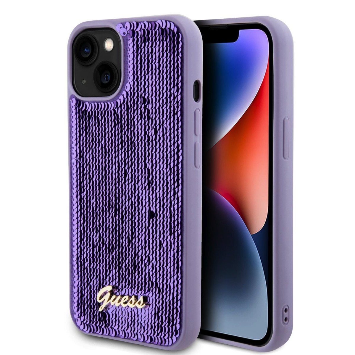 Zadní kryt Guess Sequin Script Logo pro iPhone 13 Purple | ProMobily.cz