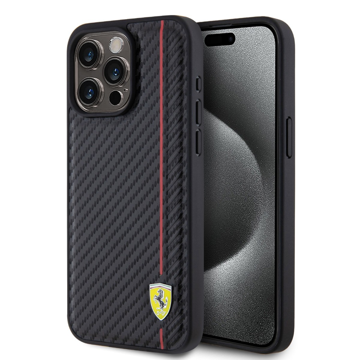 Ferrari PU Leather Carbon Vertical Red Line Zadní Kryt pro iPhone 15 Pro Max Black | ProMobily.cz